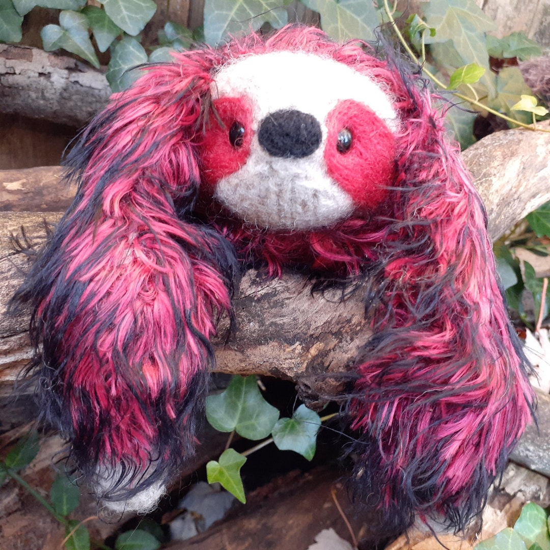 Sloth Stuffed Animal, Hot Pink and Black Fur Plush, Hand Knit and ...