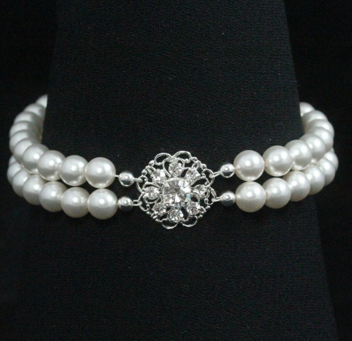 Pearl Wedding Bracelet -- Rhinestone Pearl Bridal Bracelet, Double ...