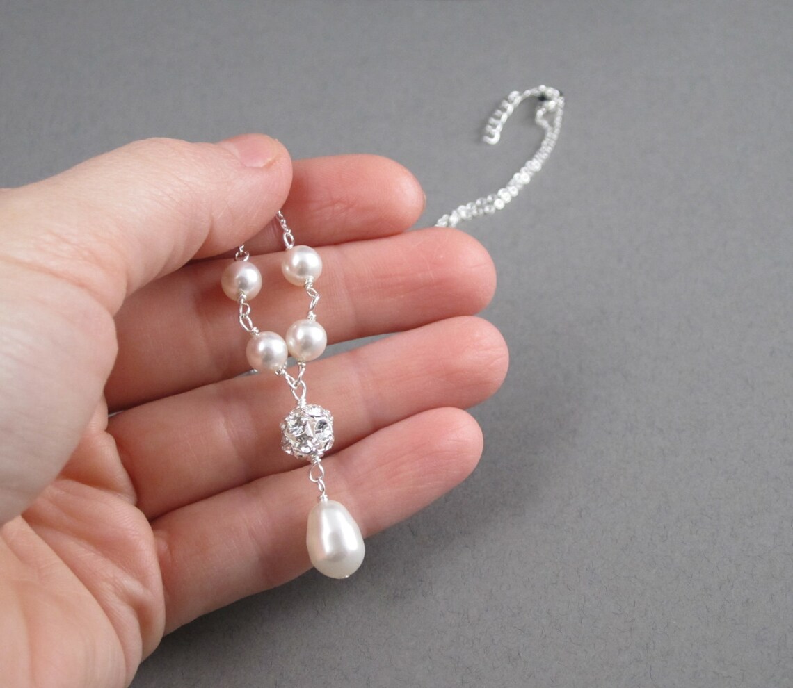 Rhinestone and Pearl Necklace -- Vintage Wedding Necklace, Pearl Drop ...