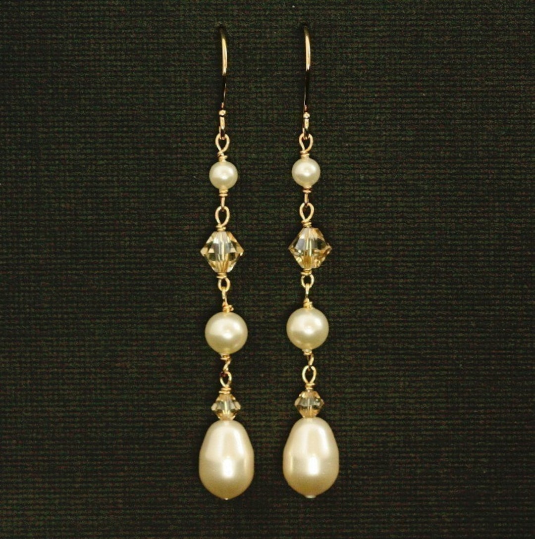 Long Pearl Earrings -- Gold Dangle Bridal Earrings, Swarovski Crystal ...