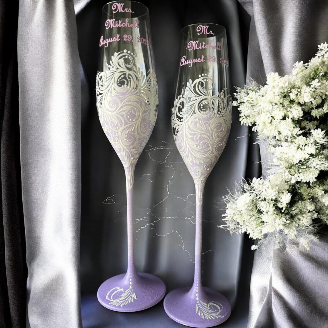 Personalized Wedding Champagne Glasses With Purple Stems and Hand ...