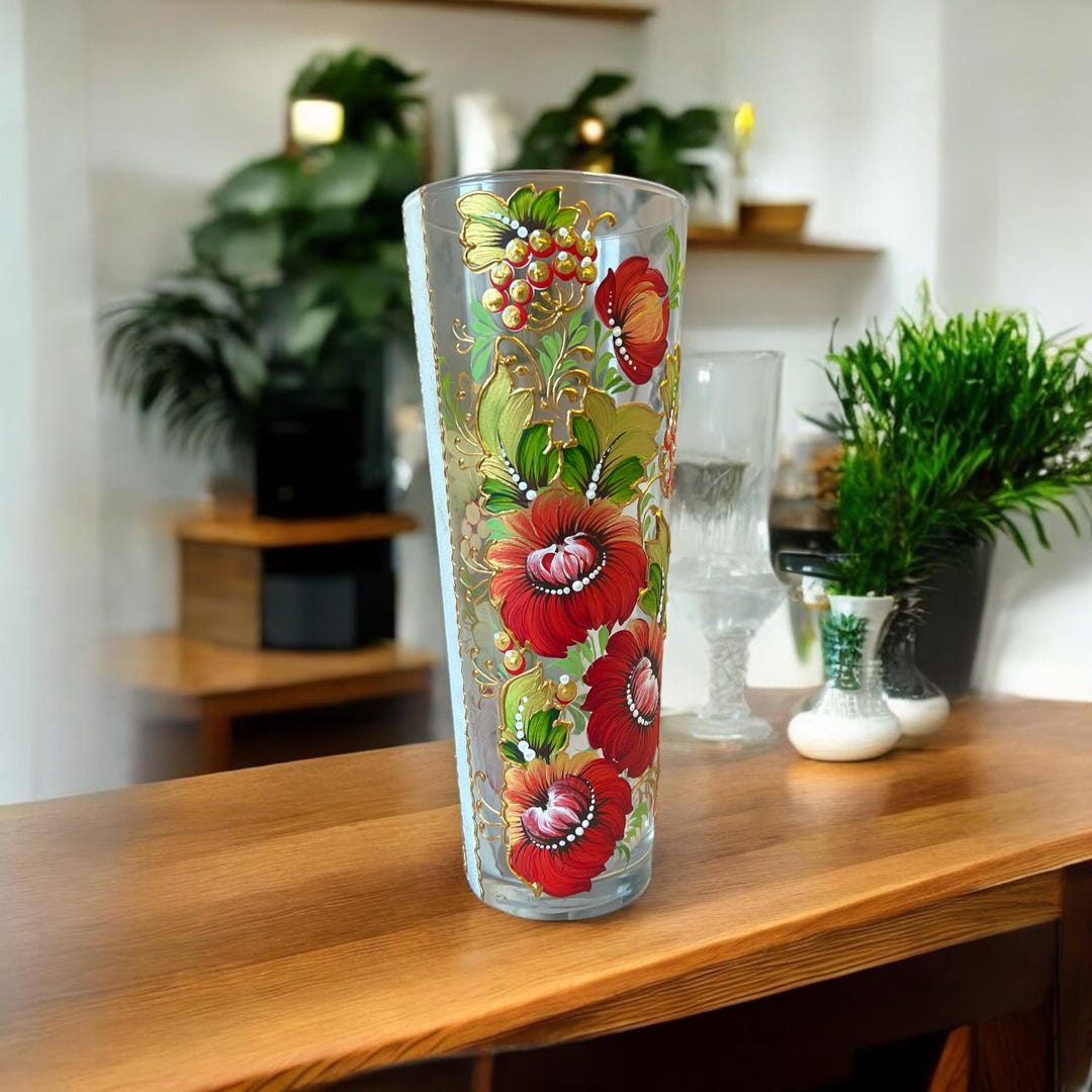 Hand Painted Glass Vase With Floral Design, Decorative Red Flowers ...