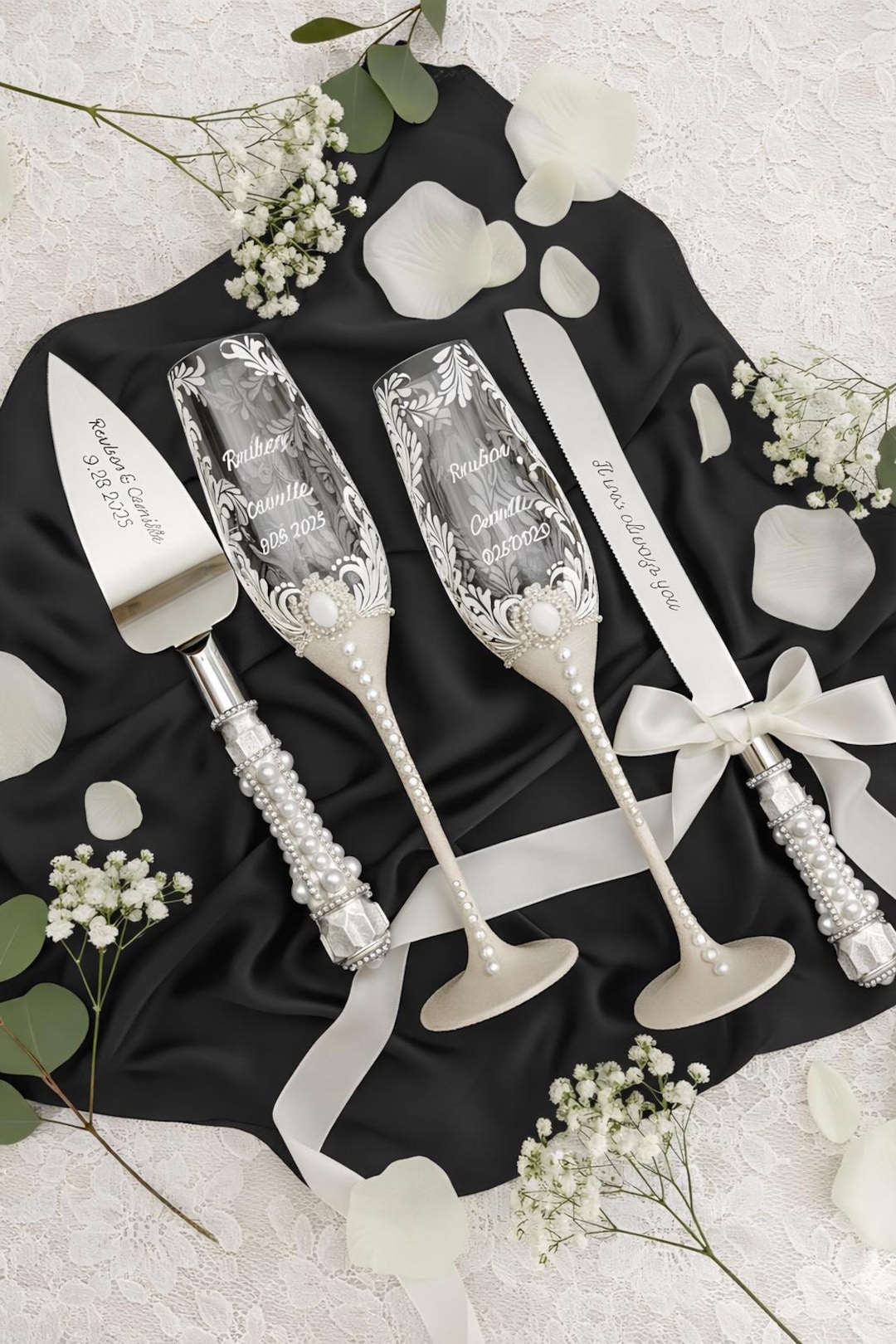 Personalized Wedding Flutes With Engraved Cake Knife Set and Custom ...