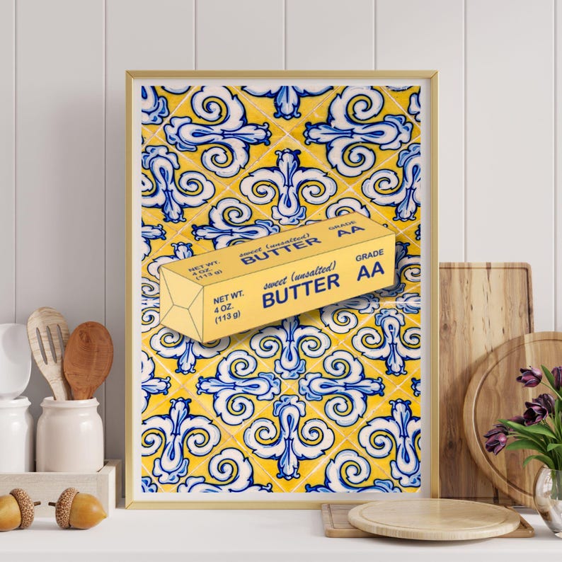 Vintage Butter Kitchen Art Print – Vertical Yellow and Blue Tile Decor ...