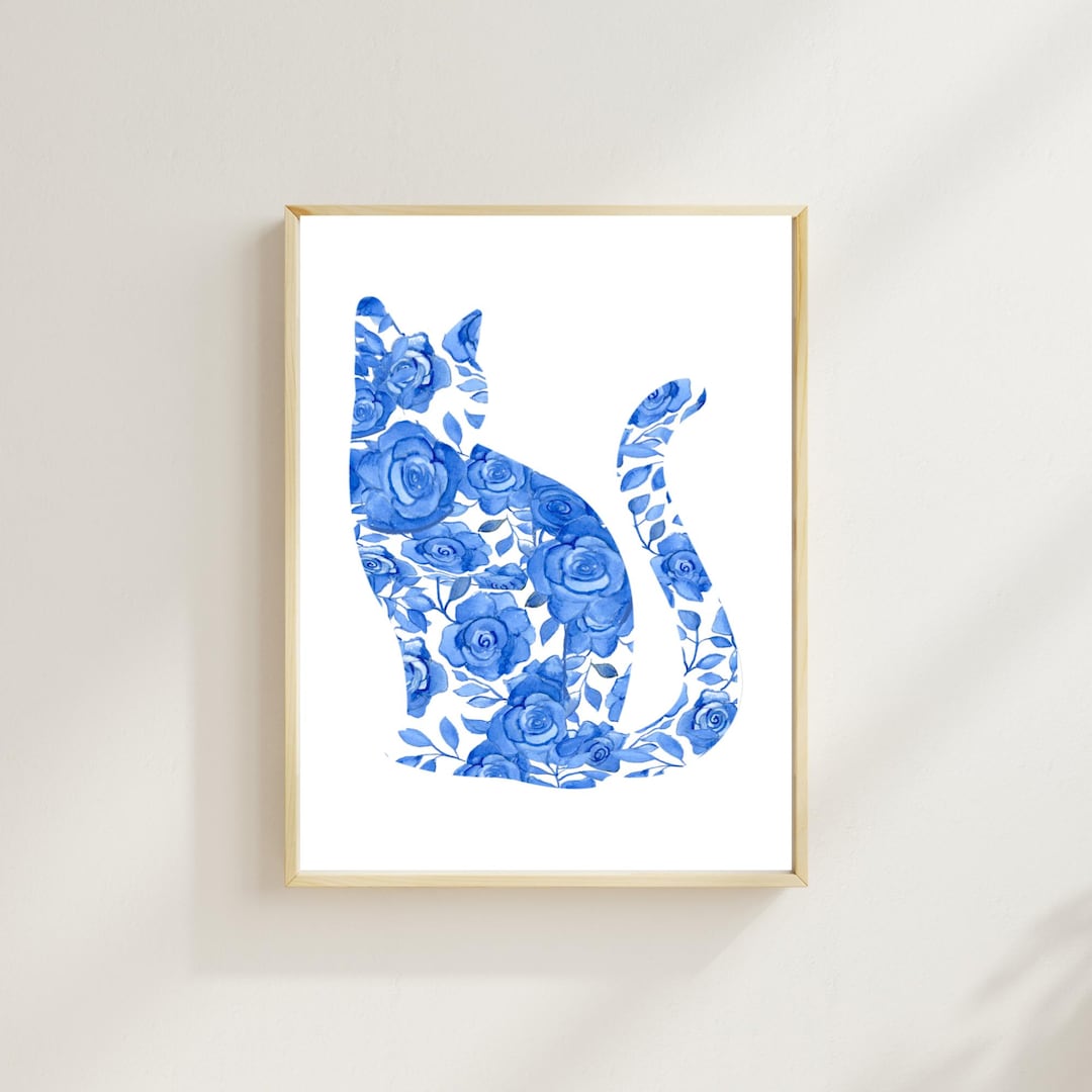 Chinoiserie Blue Cat Print - Watercolor Floral Kitty Art - Elegant Home ...
