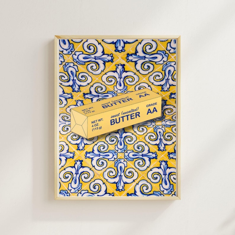 Vintage Butter Kitchen Art Print – Vertical Yellow and Blue Tile Decor ...