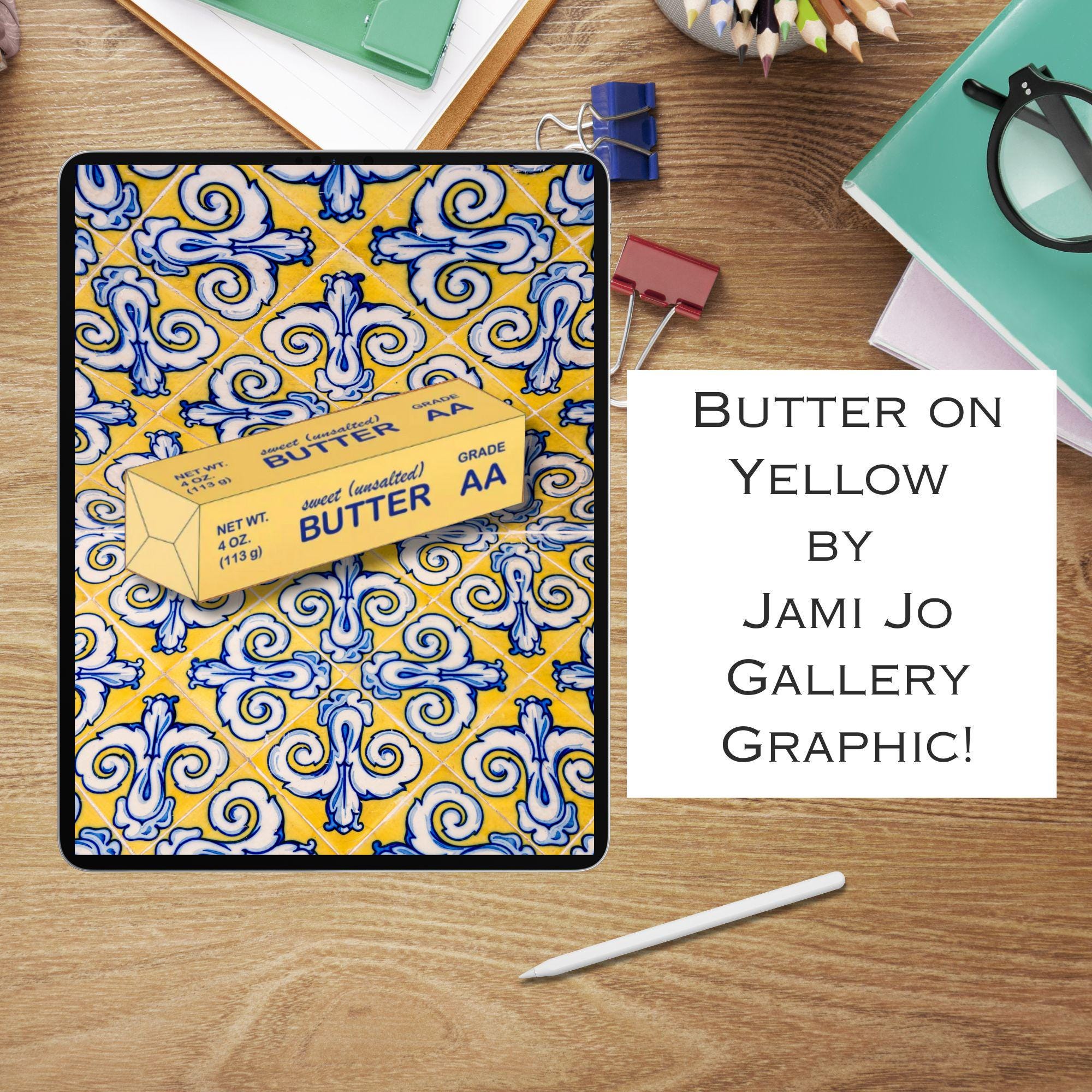 Vintage Butter Kitchen Art Print – Vertical Yellow and Blue Tile Decor ...