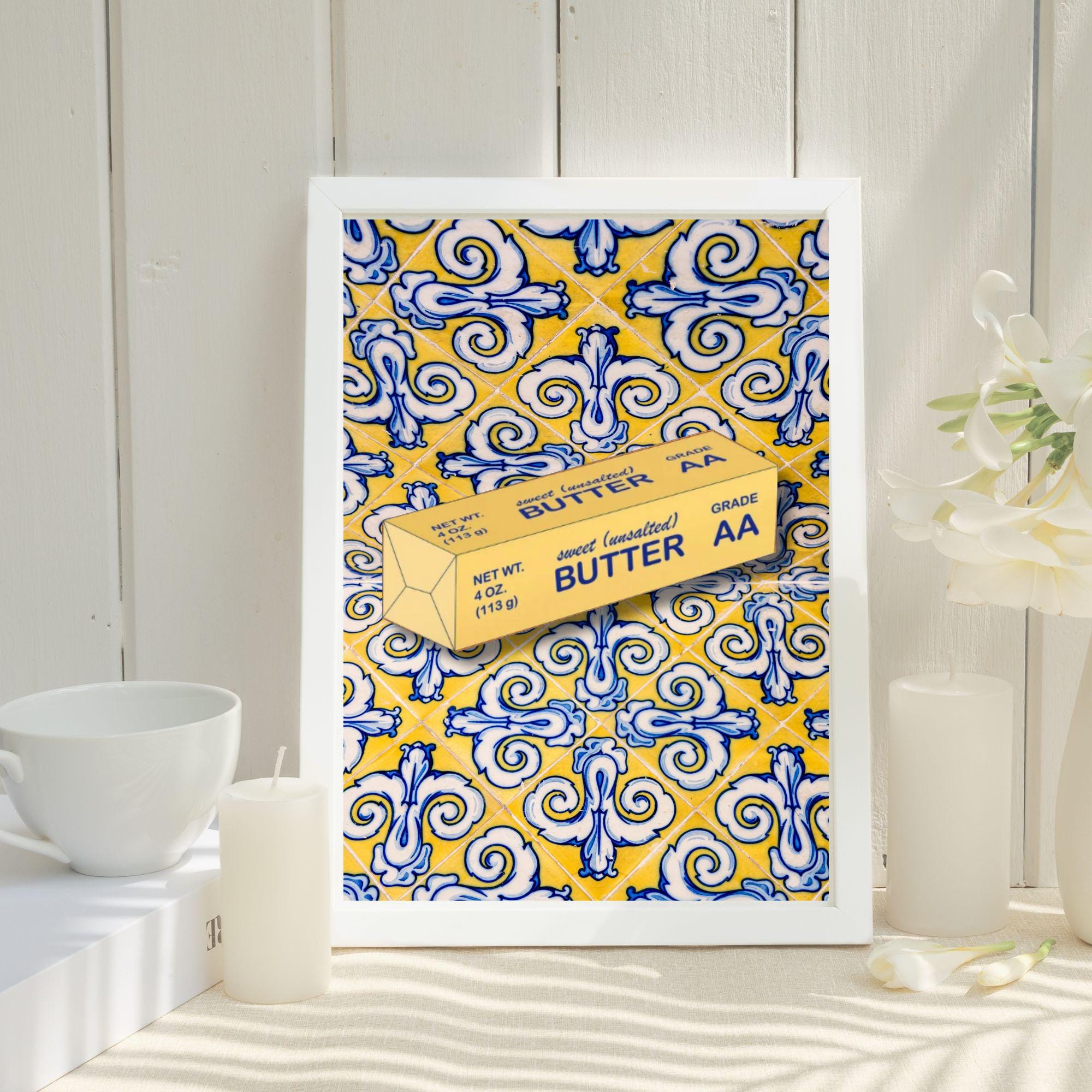 Vintage Butter Kitchen Art Print – Vertical Yellow and Blue Tile Decor ...