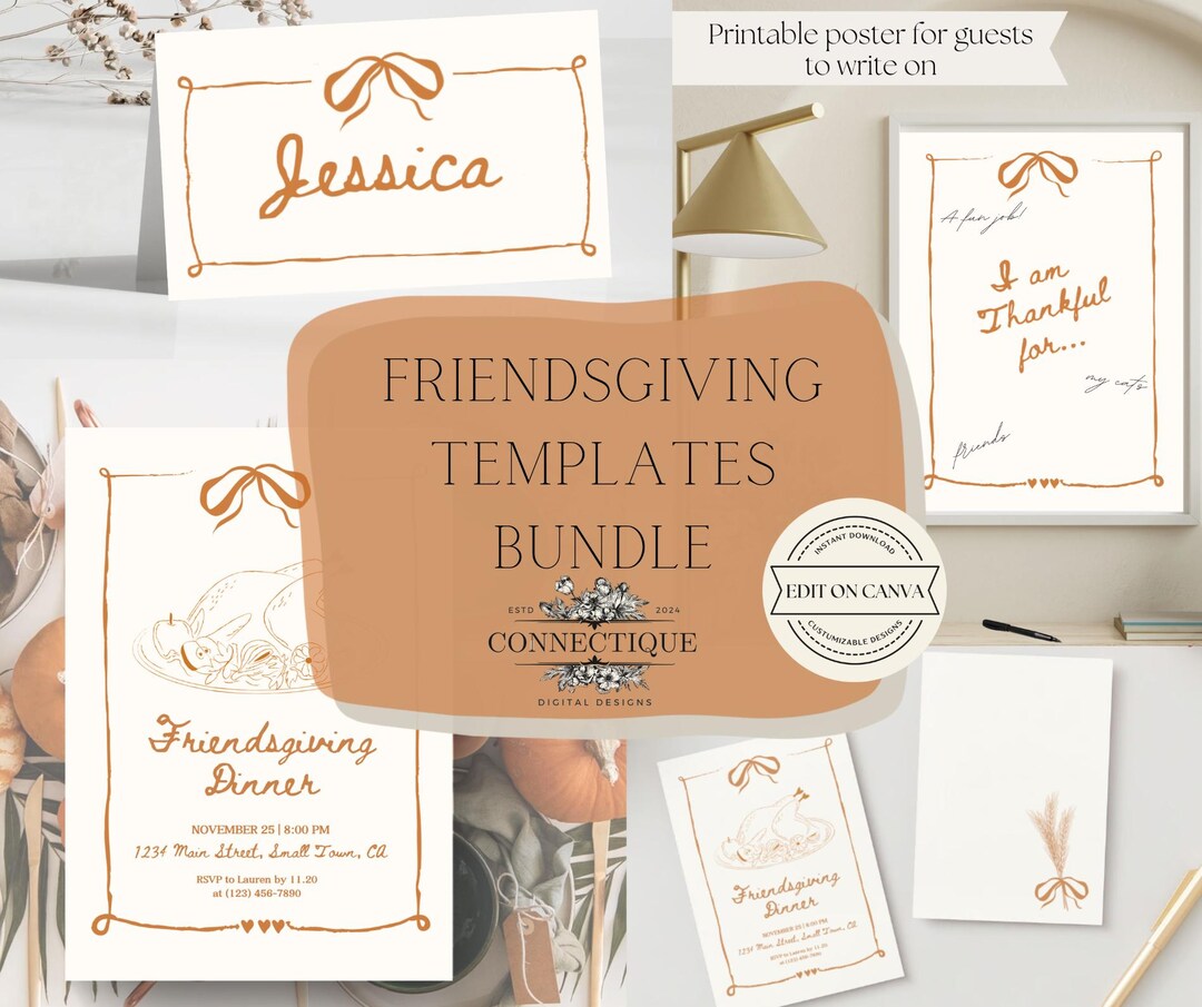 Friendsgiving Dinner Instant Download Bundle, Invitation, Place Cards ...