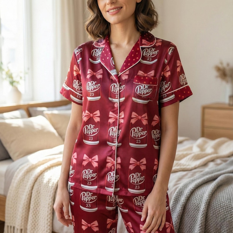 Dr Pepper Pajamas Women, Coquette Bow Satin Sleepwear, Funny Soda Can ...