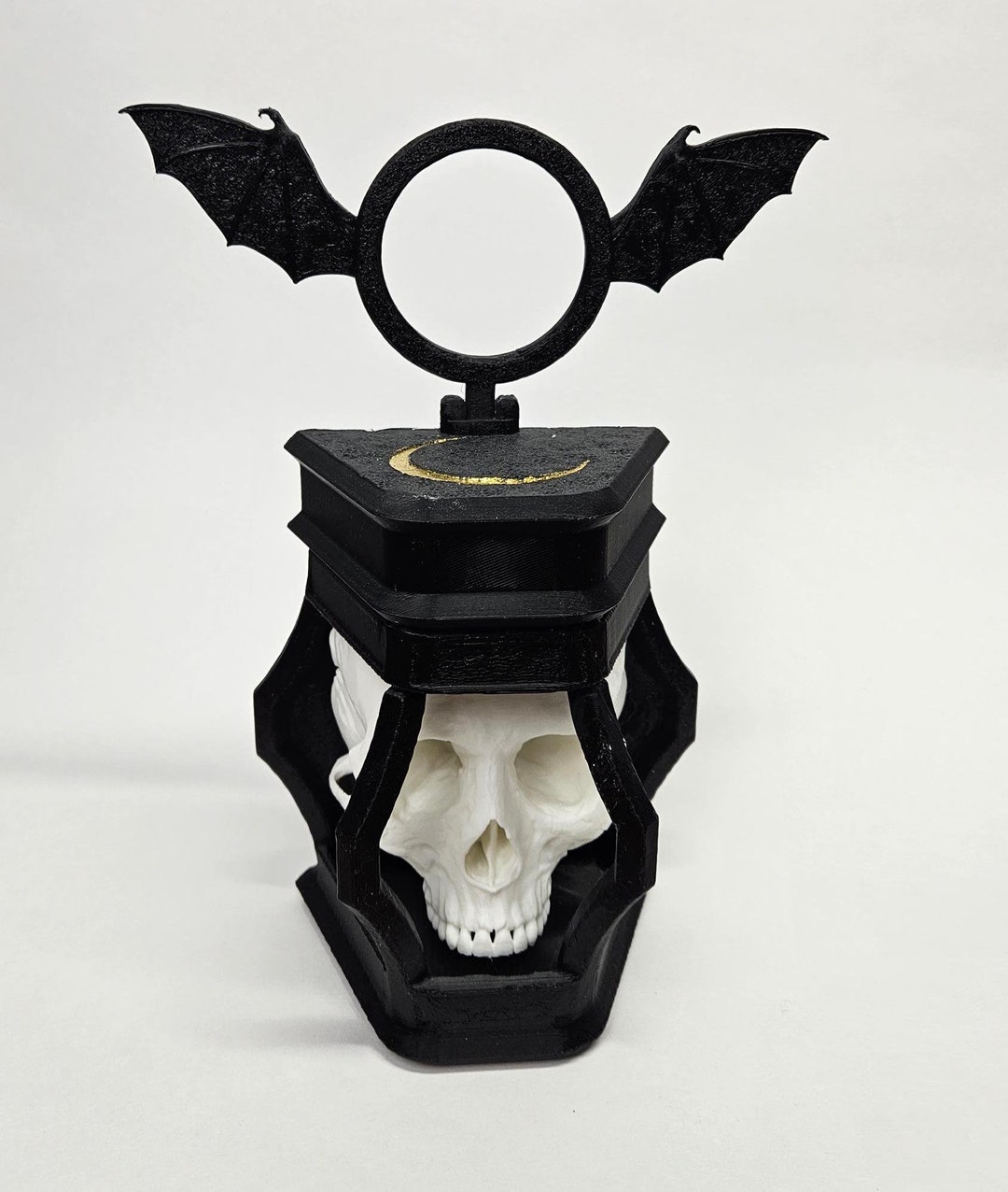 Skull Lantern Wall Decor With Gold Leaf Moon & Bat Wing Handle Gothic ...
