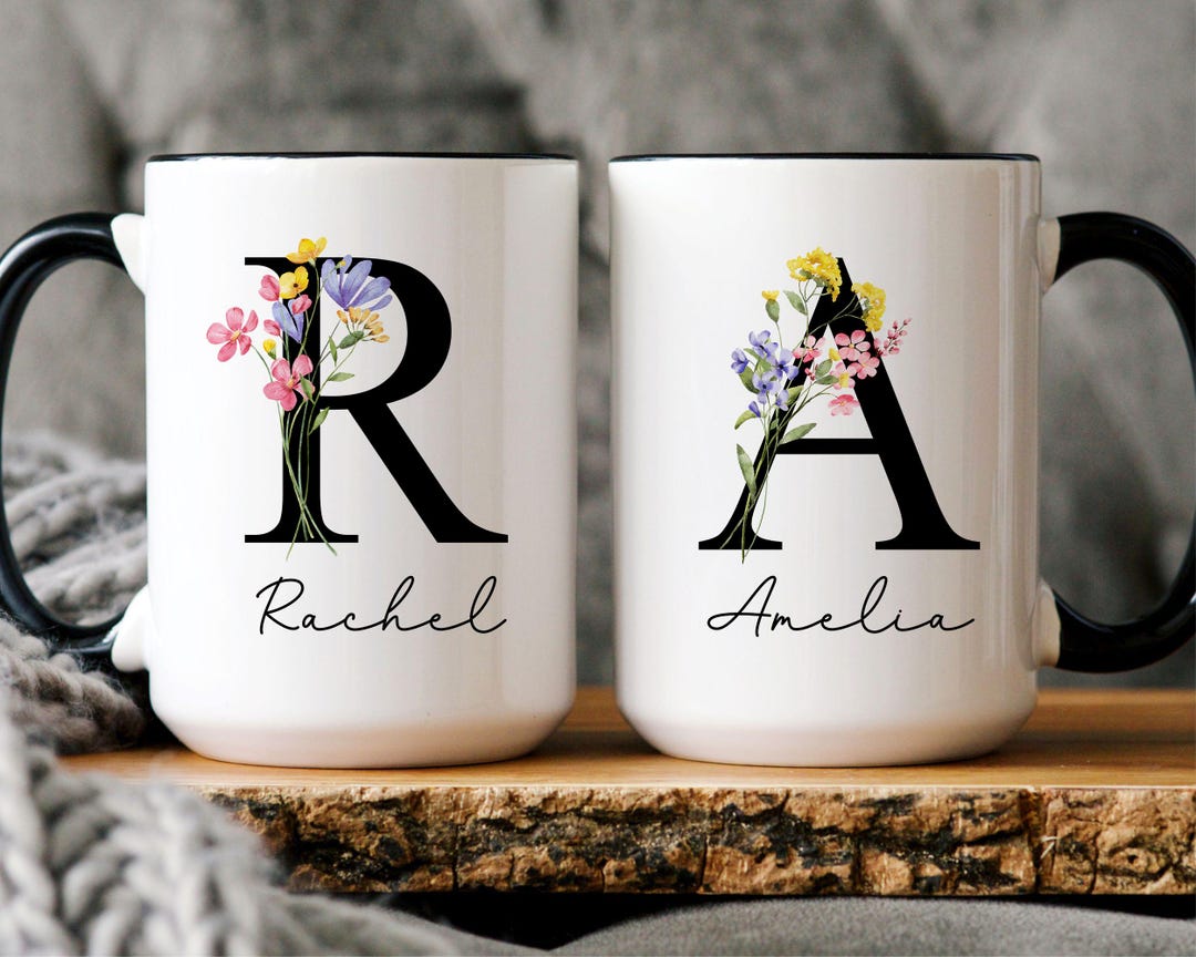Personalized Initial Name Floral Mug, Custom Monogram Coffee Cup ...