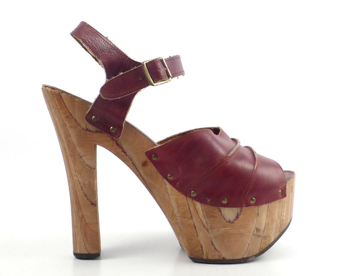 Cherokee Platform Heels Vintage 1970s Whiskey Brown Leather Wood High ...