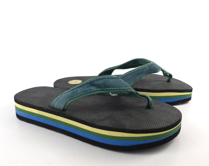 1980s Flip Flops Vintage Sandals Green Blue Yellow Deadstock Stripe ...