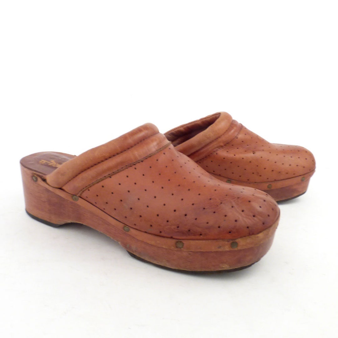 Leather Wooden Clogs Vintage 1970s Wild Pair Wood Platform Whiskey ...