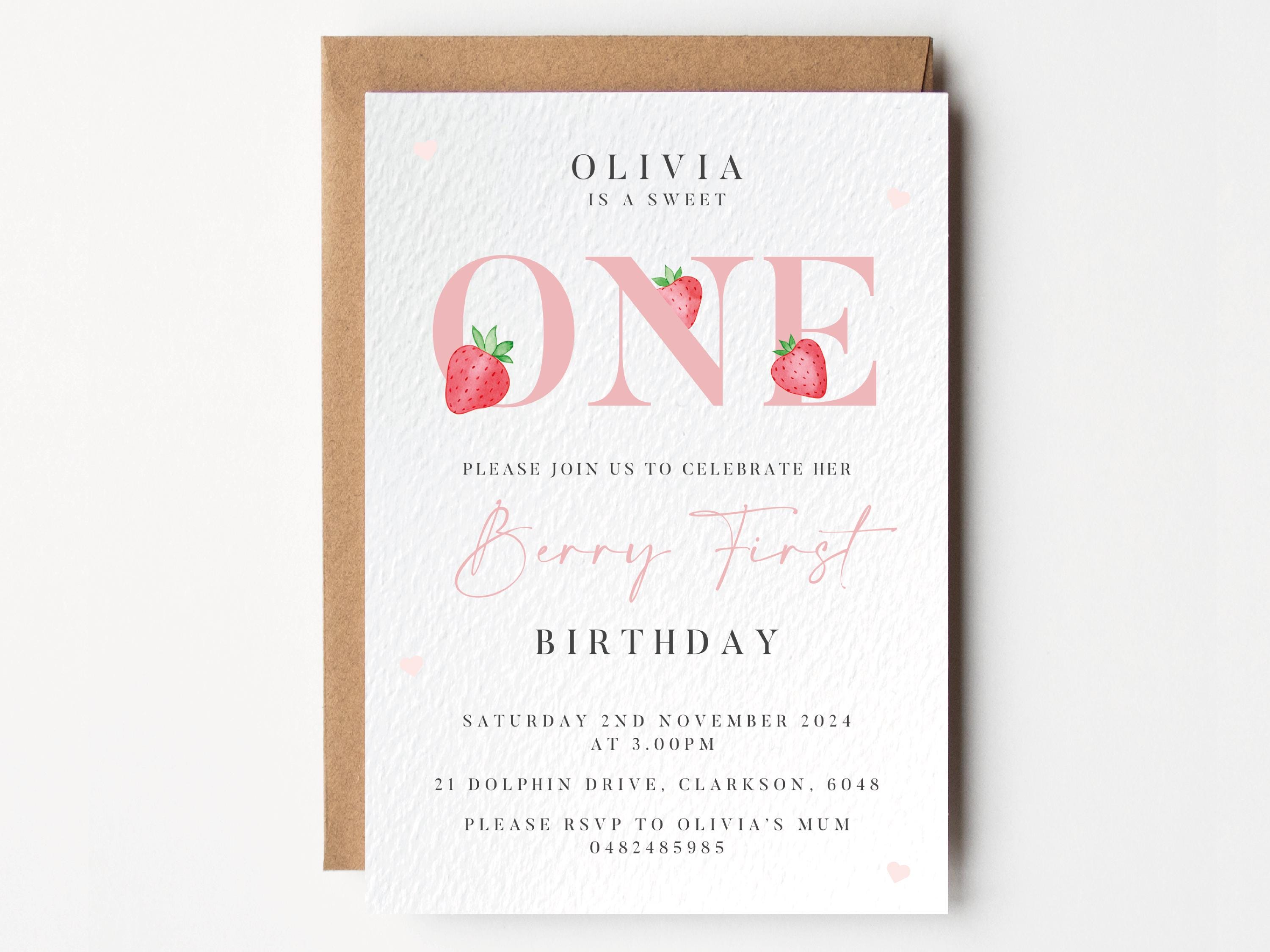 Berry First Birthday Invitation, Strawberry Invite, Personalised Berry ...