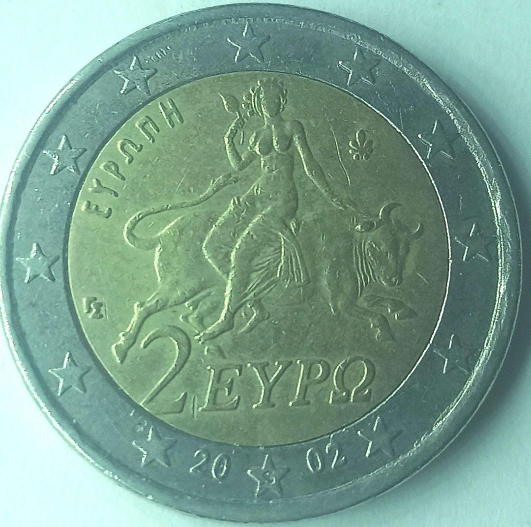 Greek Mythology 2 Euros Coin 2002 With "s". the Abduction of Europe by Zeus. Rare Item With "s ...
