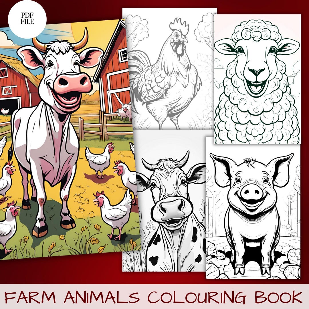 Farm Animals Coloring Book for Kids, Cute Farm Life Animals, Grayscale ...