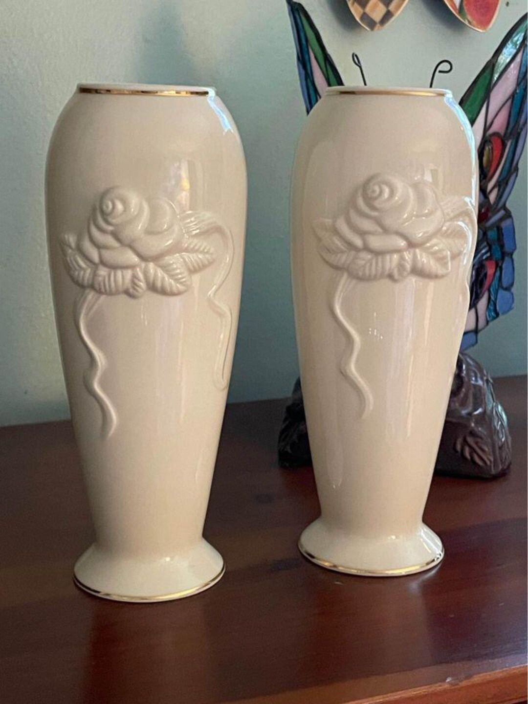 Set of 7 1/2" LENOX Vases - Raised Rose Design, Gold Trim on Rim & Base ...