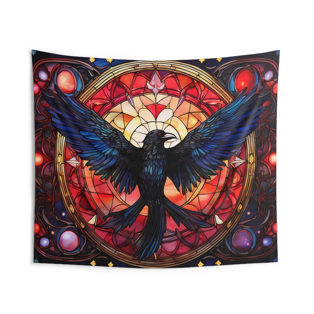 Raven on Black and Red Stained Glass Design - Indoor Wall Tapestry - 3 ...