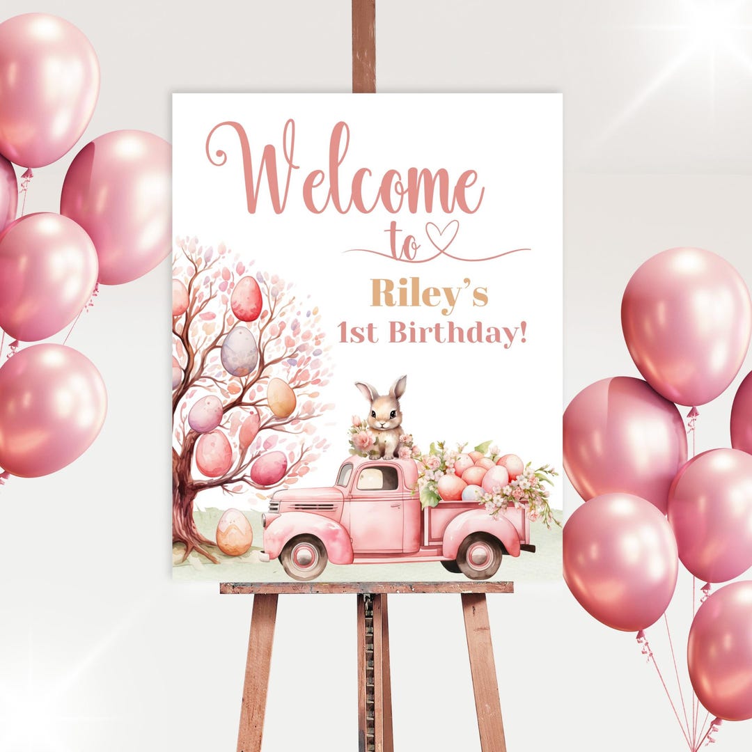 Easter Birthday Welcome Sign | Pink Bunny Welcome Poster | Spring ...