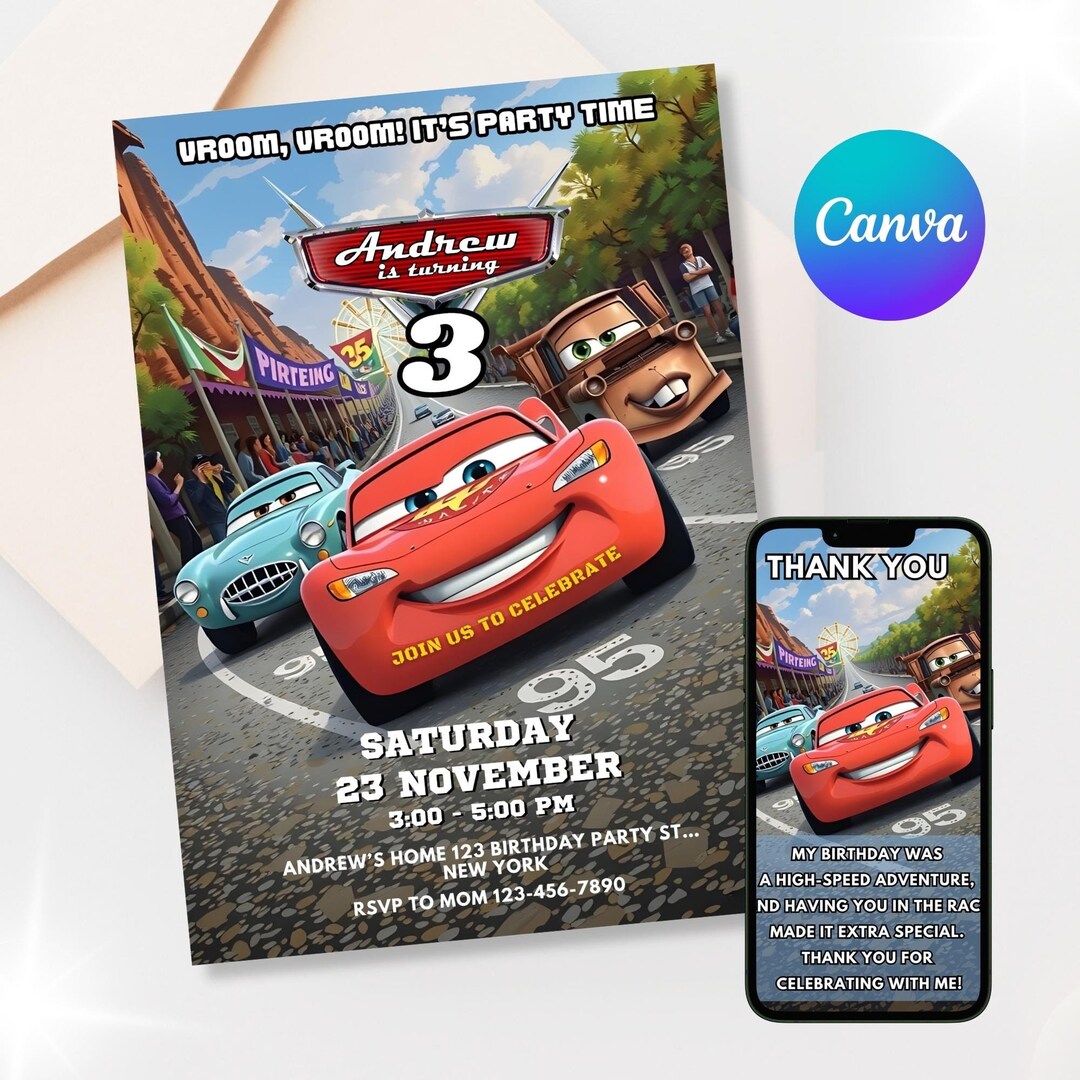 Cars Digital Birthday Invitation | Editable Lightning Mcqueen ...