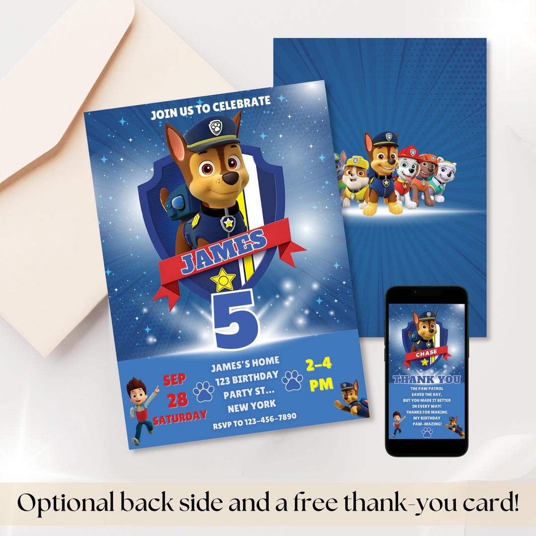 Customizable Chase Paw Patrol Birthday Invitation Boys Birthday Party ...