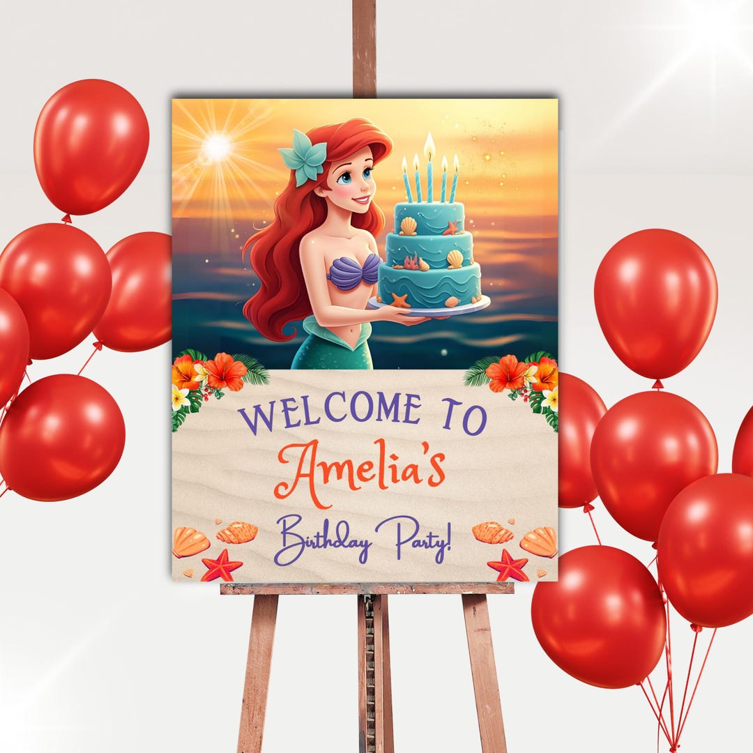 Ariel Birthday Welcome Sign Mermaid Party Poster Editable Digital Canva ...