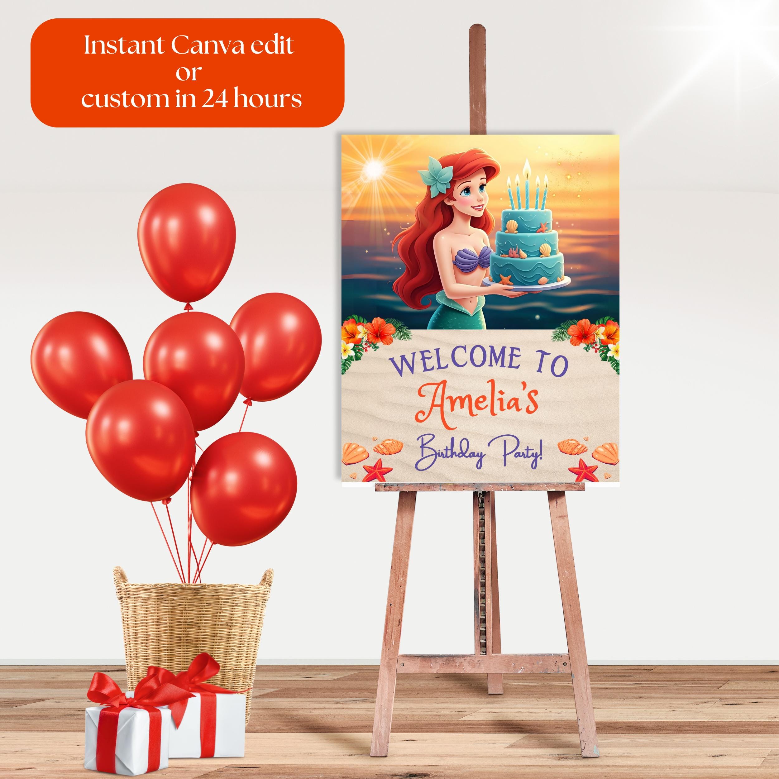 Ariel Birthday Welcome Sign - Mermaid Party Poster - Editable Canva ...