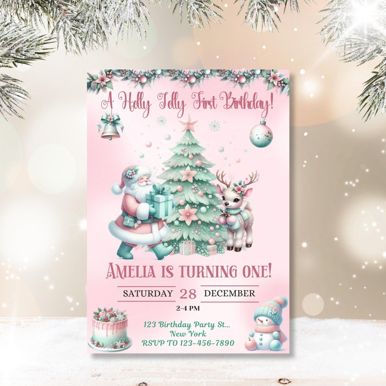 Editable Christmas Birthday Invitation Baby Girl Birthday Digital ...