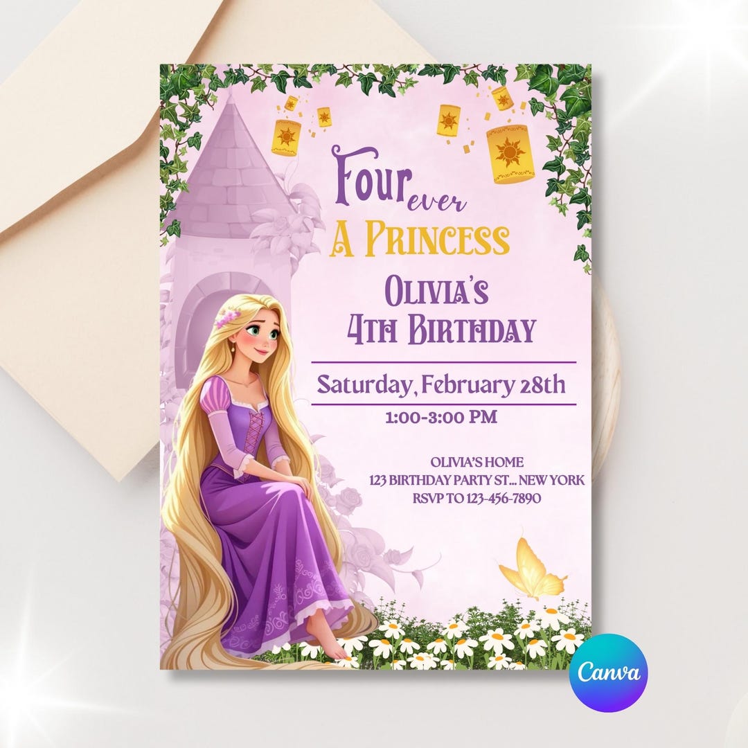 Rapunzel 4th Birthday Invitation, Four Ever A Princess, Editable Canva ...