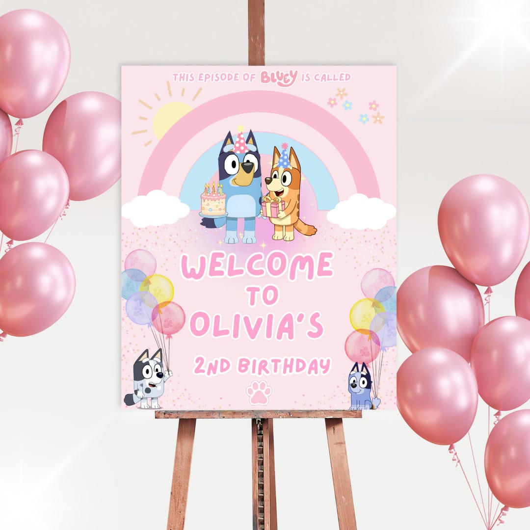 Bluey Birthday Welcome Sign Editable Party Decoration Pink Bluey Poster ...
