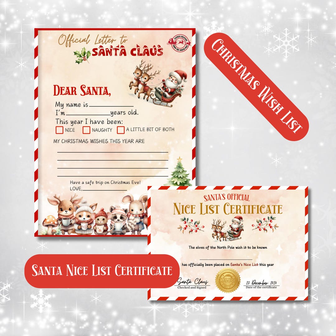 Printable Christmas Letter to Santa & Nice List Certificate (digital ...