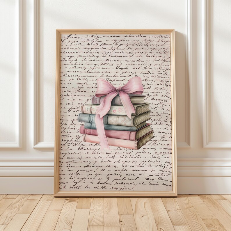 Coquette Vintage Books Print Digital Wall Art, Library Wall Art Book ...