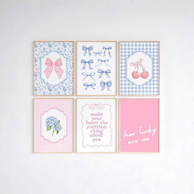 Pink and Blue Coquette Room Decor Set of 6: Trendy Bow Hydrangea ...