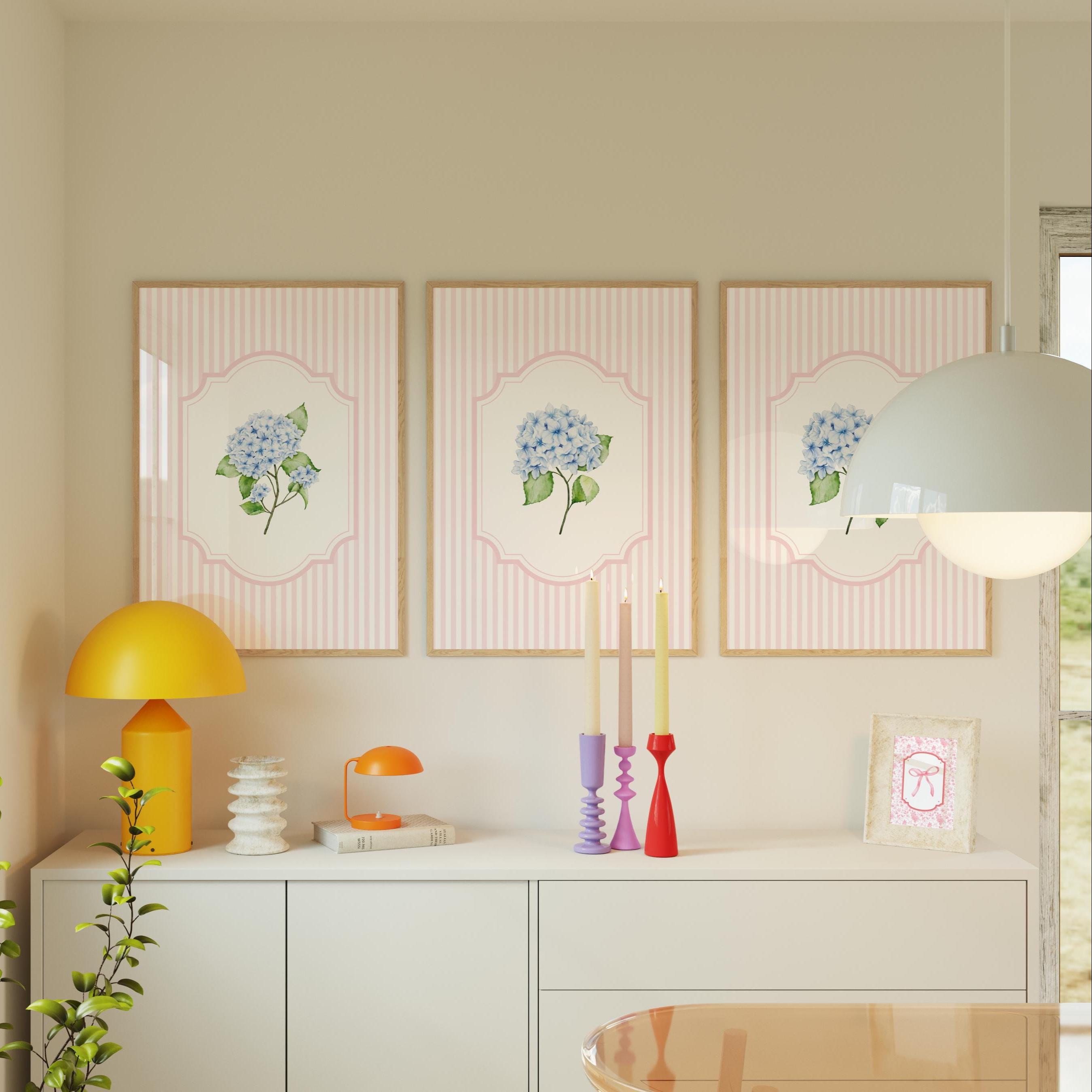 Set of 3 Pink and Blue Hydrangea Print, Striped Cottagecore Poster ...