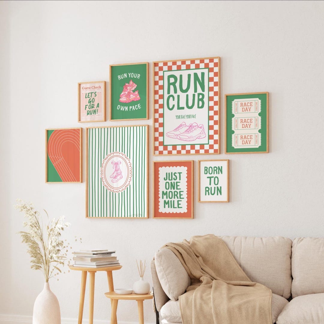 Retro Running Wall Art Set of 8: Orange Green Women's Running Club ...