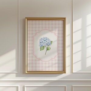 Set of 3 Pink and Blue Hydrangea Prints, Gingham Cottagecore Poster, Coastal Granddaughter Art ...