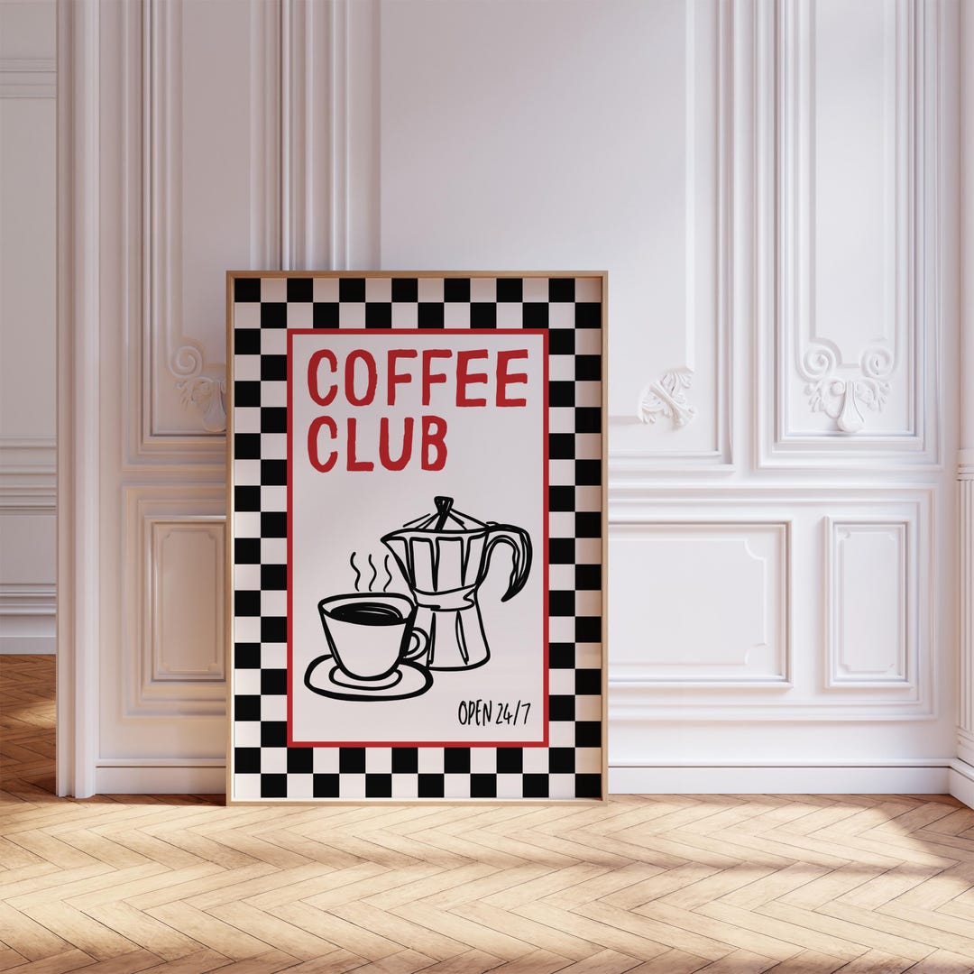 Coffee Club Print, Trendy Kitchen Decor Retro Coffee Bar Cart Decor ...