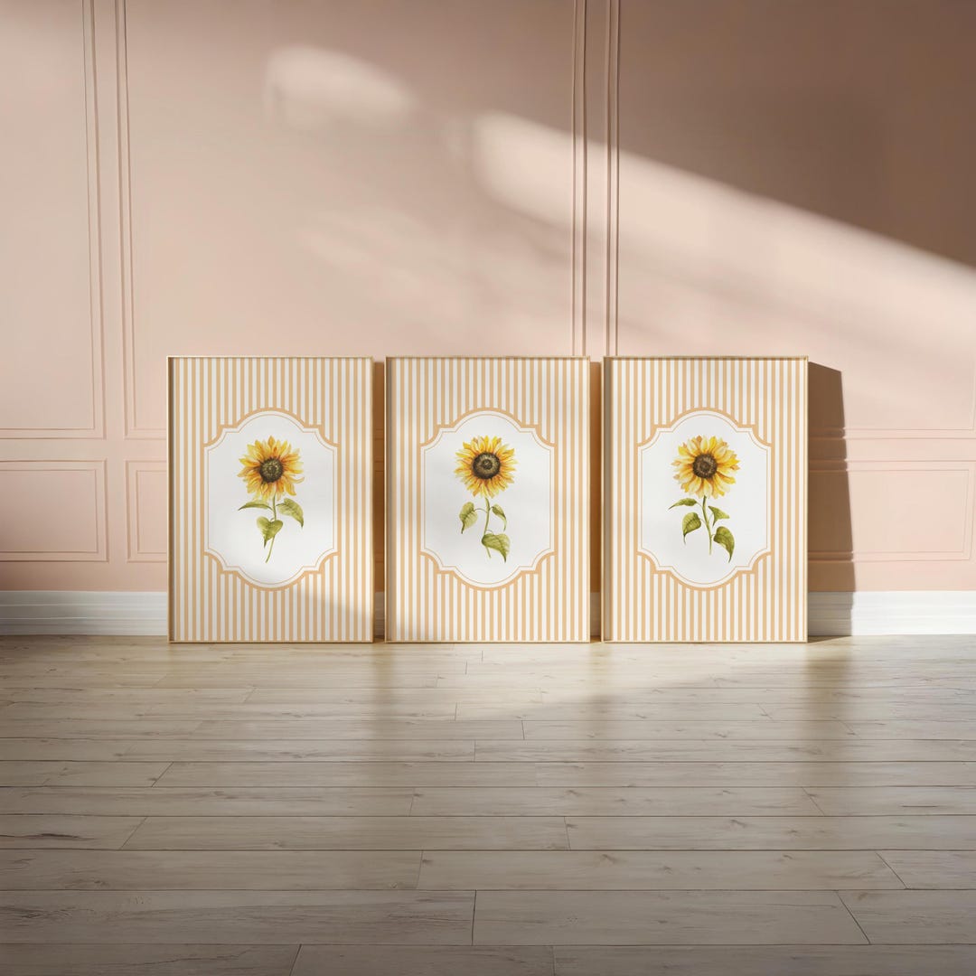 Set of 3 Sunflower Prints: Striped Floral Apartment Decor (digital ...