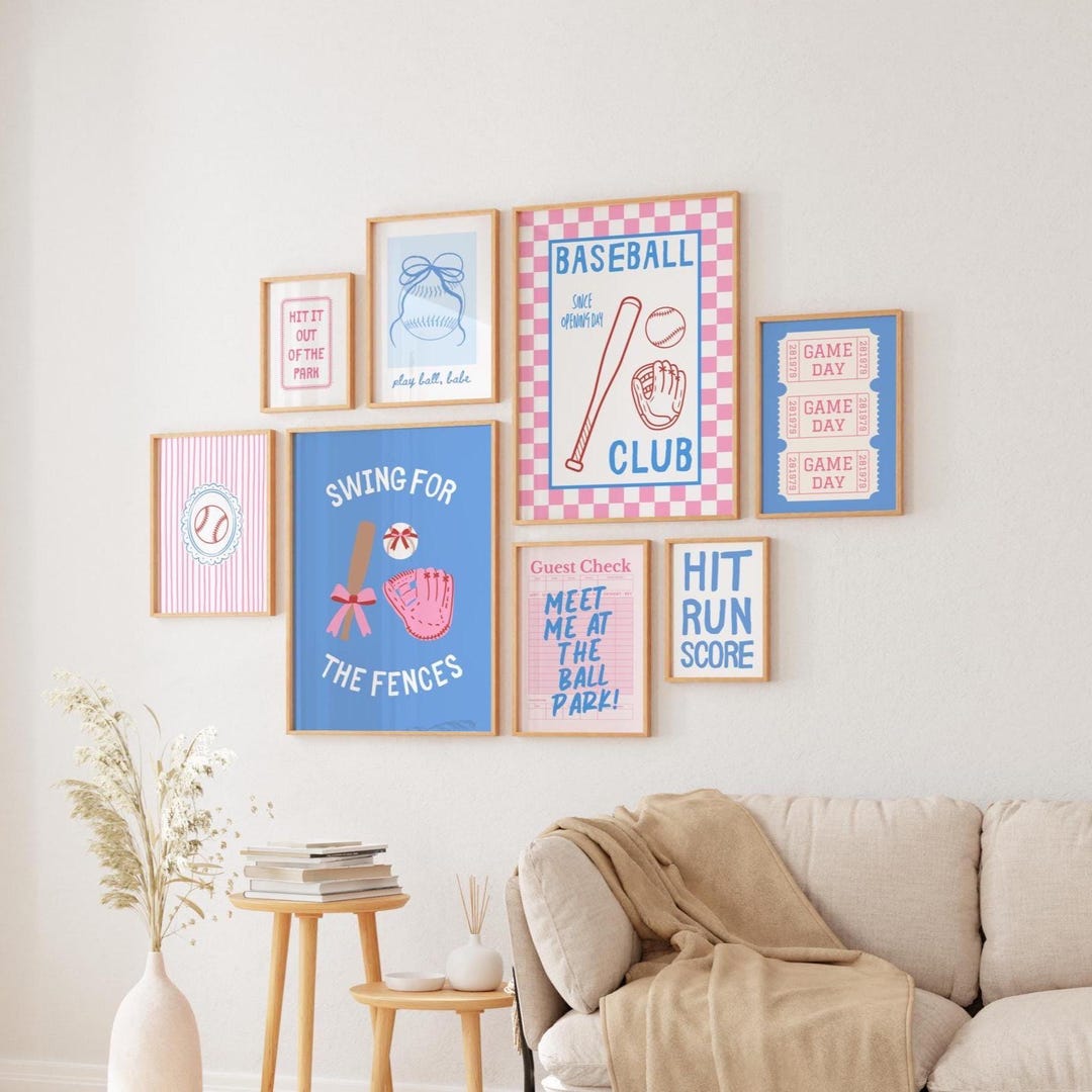 Girly Baseball Wall Art Set of 8: Pink & Blue Women's Baseball Club ...