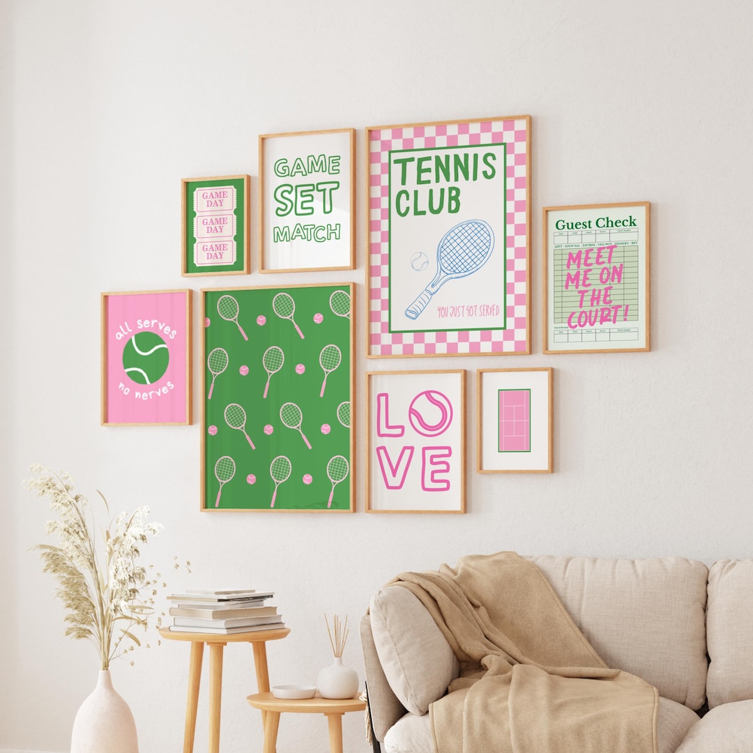 Tennis Prints Set of 8 Preppy Pink and Green Tennis Gallery Wall Art ...