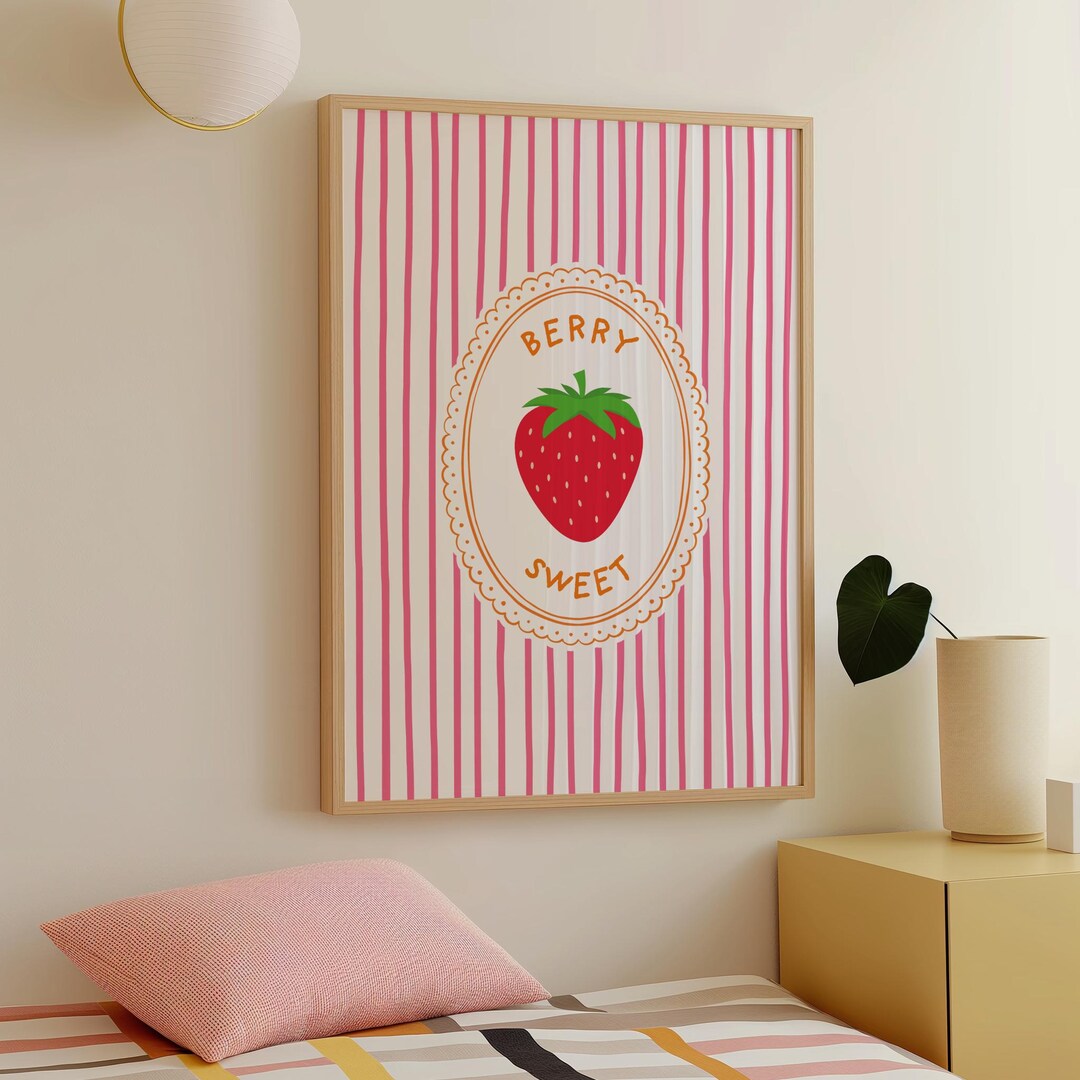 Berry Sweet Print: Striped Strawberry Fruit Wall Art, Trendy Kitchen ...