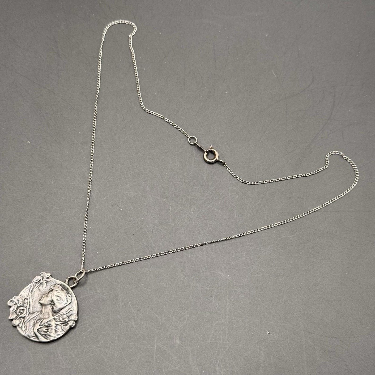 925 Sterling Silver Maiden Portrait Flower Pendant Necklace Antique Art ...