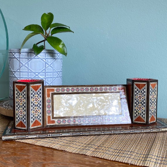 vintage Wooden Inlay Mosaic Pen Pencil Holder Stand … - Gem