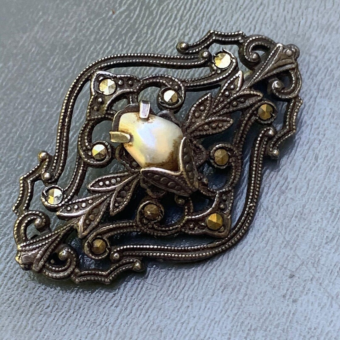 Vintage French Art Deco Sterling Silver Brooch . Marcasite , Blister ...
