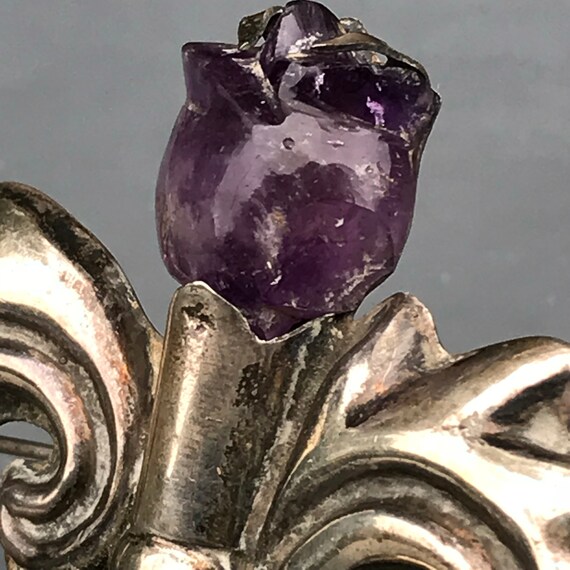 Early Taxco Mexican Silver Carved Amethyst Brooch . M… - Gem