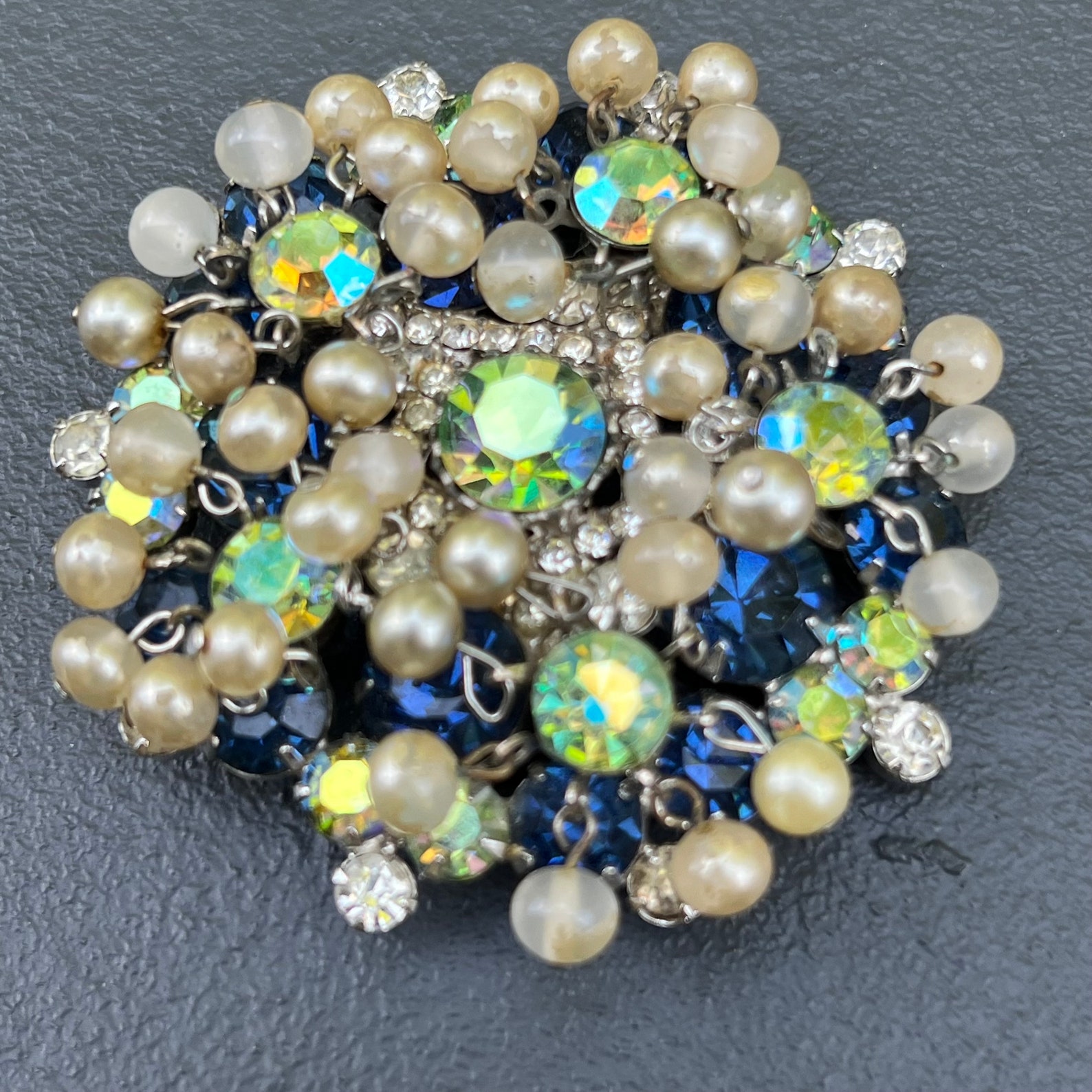 LARGE Vintage AB Rhinestones Glass Floral Pin Brooch . Unsigned ...