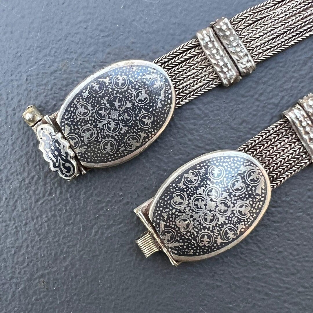 Vintage 900 Silver Enamel Belt . Necklace. Black Niello Enamel Silver ...