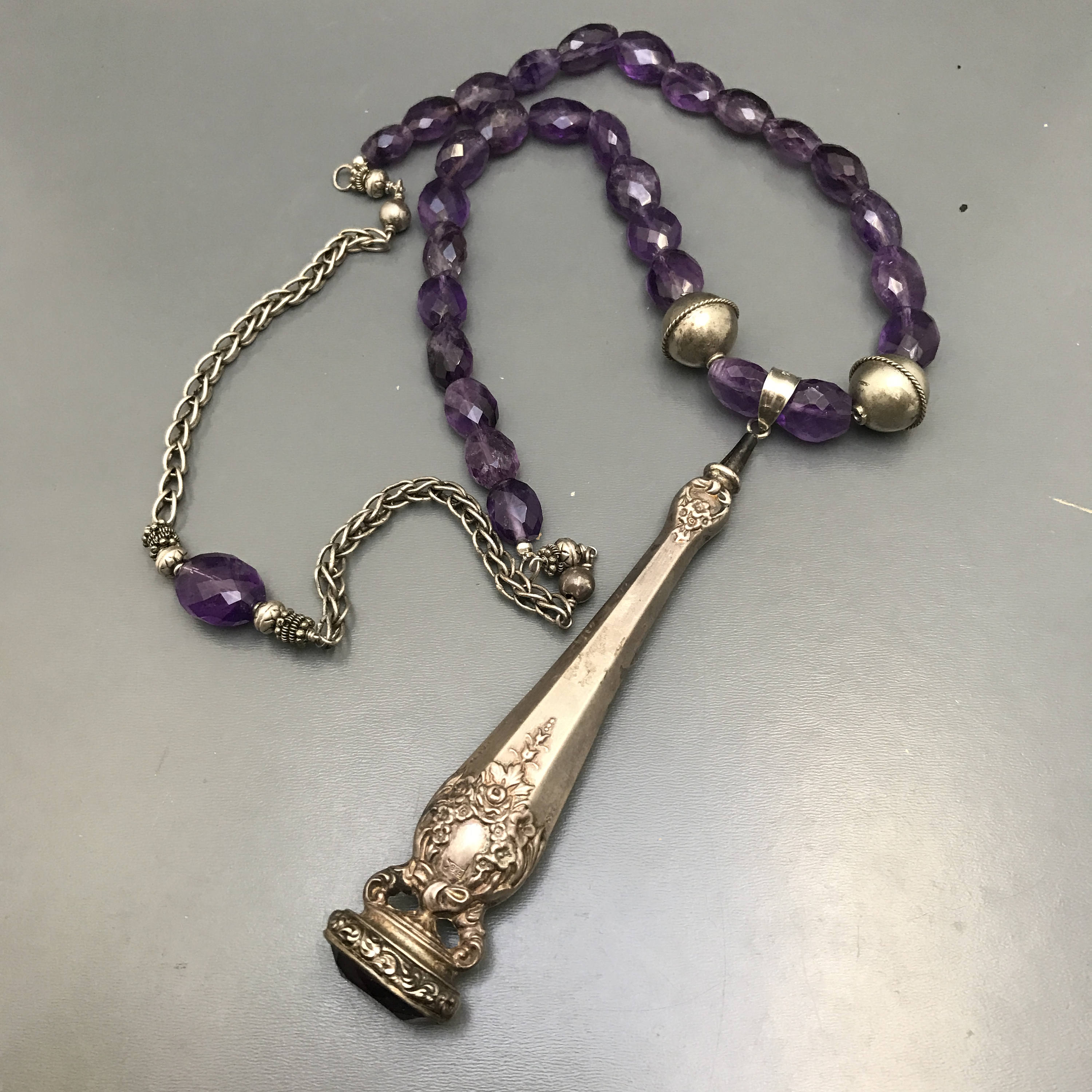 Antique Fob Pendant Necklace . Amethyst Beaded . Silver | Etsy